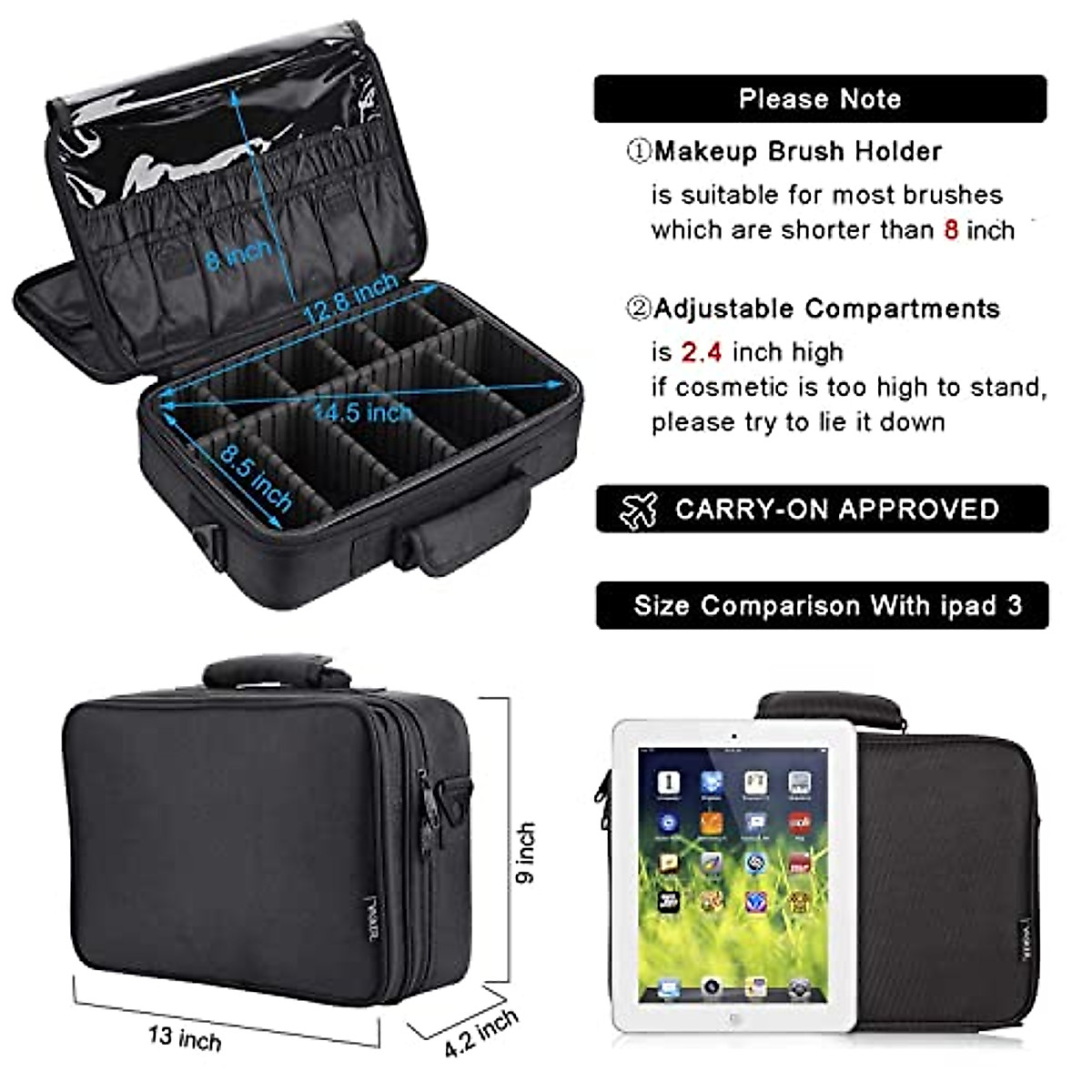 VASKER Makeup Travel Organizer Large Makeup Bag Professional Makeup Train Case Travel Cosmetic Organizer 3 Layers Waterproof Portable Makeup Artist Storage Box Adjustable Dividers Gift for Women