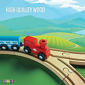 Play22 Wooden Train Tracks - 52 PCS Wooden Train Set + 2 Bonus Toy Trains - Train Sets for Kids - Car Train Toys is Compatible with Thomas Wooden Railway Systems and All Major Brands - Original