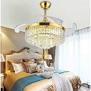 OUKANING Modern Dimmable Crystal Ceiling Fan with Lights and Remote Invisible Retractable Chandelier Fan Light LED Ceiling Light （36 inch） (Golden)