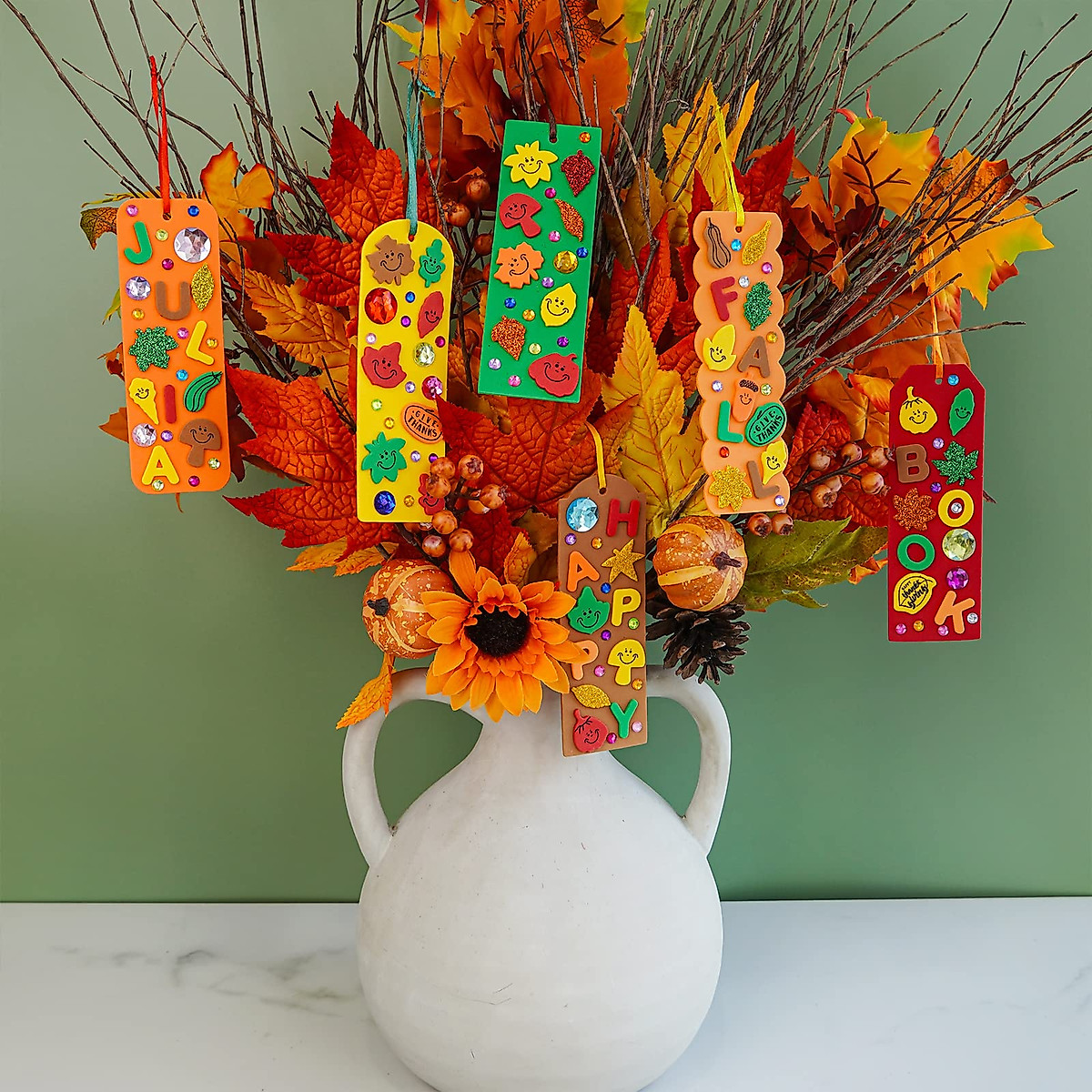 Winlyn 36 Sets Fall Craft Kits Fall Kids Crafts DIY Fall Bookmarks Decorations Art Sets Smiling Autumn Leaf Pumpkin Foam Stickers Arts and Crafts for Kids Thanksgiving Halloween Classroom Activities