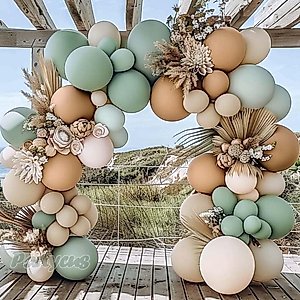 Dusty Green Tan Balloon Garland Double Stuffed Light Sage Green White Sand Brown Balloon Pastel Green Beige Balloon Arch Kit for Baby Shower Birthday Wedding Party Decoration