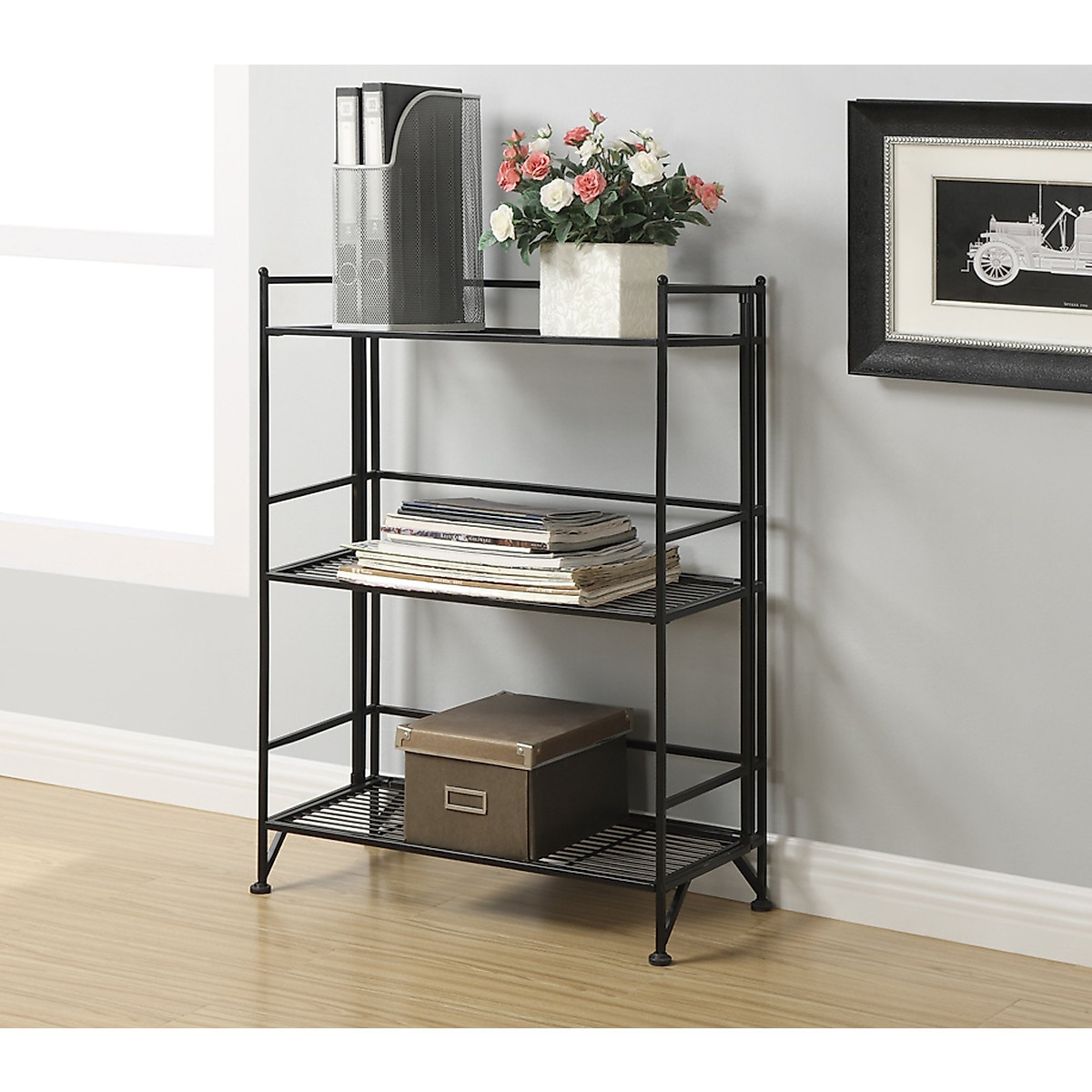 Convenience Concepts Designs2Go X-Tra Storage 3-Tier Wide Folding Metal Shelf, Black