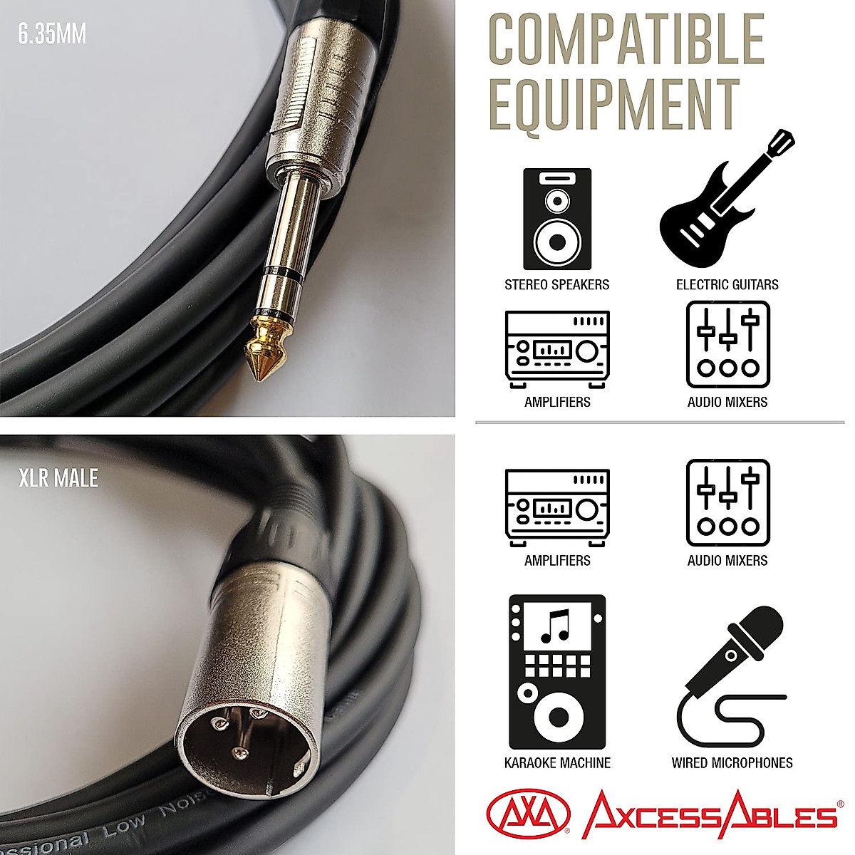 AxcessAbles TRS14-XLR115 1/4 (6.35mm) TRS to XLR Balance Male Audio Cable for Audio Interface, Guitar Microphone, Patch and Speaker Monitor (15ft) 2-Pack
