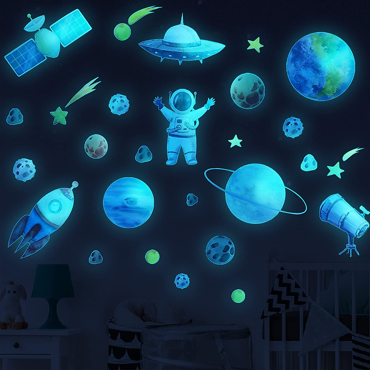 Glow in The Dark Planet and Solar System Wall Stickers for Ceiling,Glow Space Galaxy Wall Stickers Astronaut Rocket Spacecraft Alien Wall Decals for Boys Toddler Kids Bedroom Wall Decor