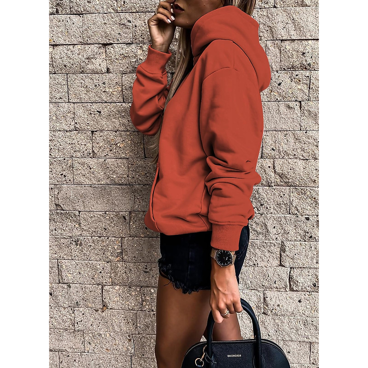 SHEWIN Womens Sweatshirts Casual Long Sleeve Fleece Hooded Pullover Sweatshirt Lightweight Cute Fall Tops Outfits Loose Hoodies for Women,US 12-14(L),Orange