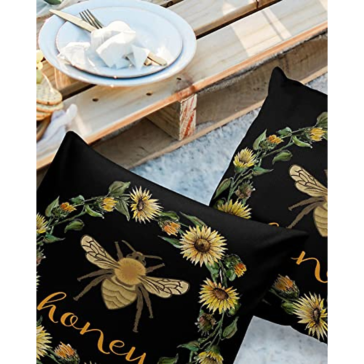 Vandarllin Outdoor Throw Pillows Covers 18X18 Set of 2 Waterproof Floral Sunflower Wreath Decorative Zippered Lumbar Cushion Covers for Patio Furniture, Bee Honey Black