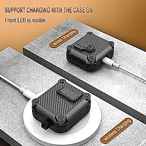 R-fun Airpods 3rd Generation Case with Automatic Secure Lock Clip, Armor Protective Hard TPU Case Cover for Apple Airpods 3 2021 Charging Case with Carbon Fiber Keychain-Black