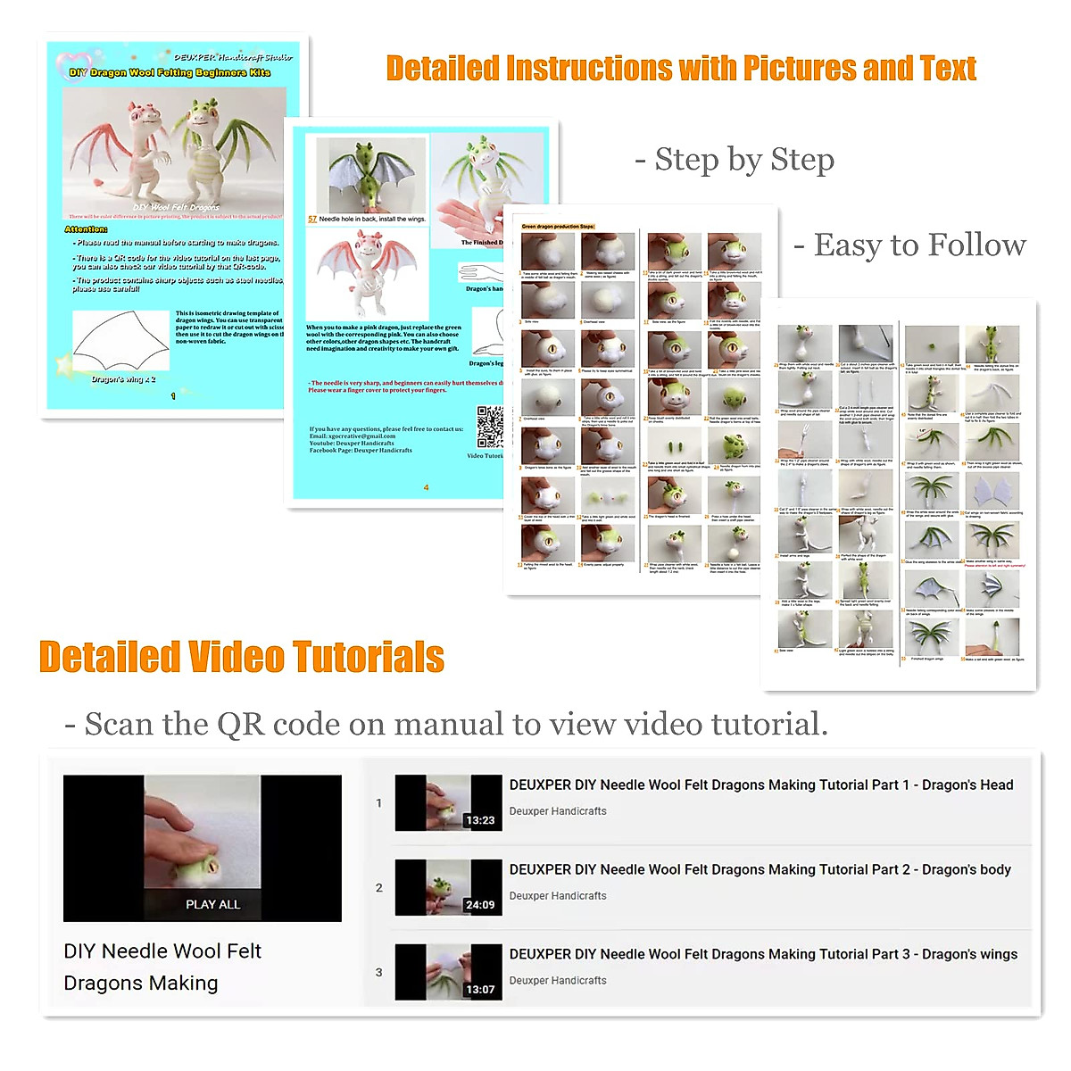 DEUXPER Needle Felting Kits Beginners, DIY Wool Felt Dragon Materials Set for Adults Kids, Needle Felting Craft Project Gift for Women Men