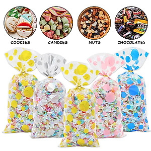 Polka Dot Cellophane Bags, 100pcs Clear Treat Bags, Plastic Christmas Cello Bags Sweets Bags with 100 Twist Ties for Goodie, Cookies, Nut, Gift Wrap, Wedding Birthday Party Favor Supplies (4 Pattern)