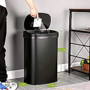 HHS Stainless Steel Kitchen Trash Can Bathroom Bedroom Office Waste Bin with Lid Automatic Sensor Touch Free Garbage Can 13 Gallon 50L, (Black), 11.37 x 16.1 x 25.31 inches (1350R)