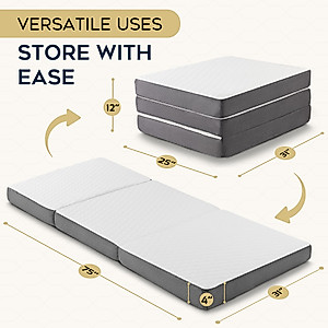 Tri Folding Mattress with Memory Foam Layer - 4 Inch Trifold Foldable Bed Mattress with Washable Cover | Cot Size 75" x 31" x 4" Non-Slip Bottom Camping Floor Mattress Perfect Guest Bed