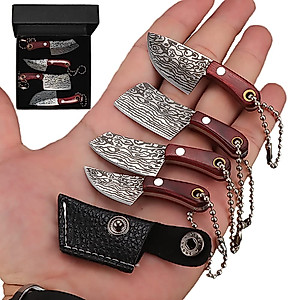 ZOFTBIGK Damascus Pocket Knife Set Mini Knife Set,Mini Knife with Sheath Mini Chef Knife Tiny knife set for Package Opener Box Cutter-4 pieces set(Damascus).