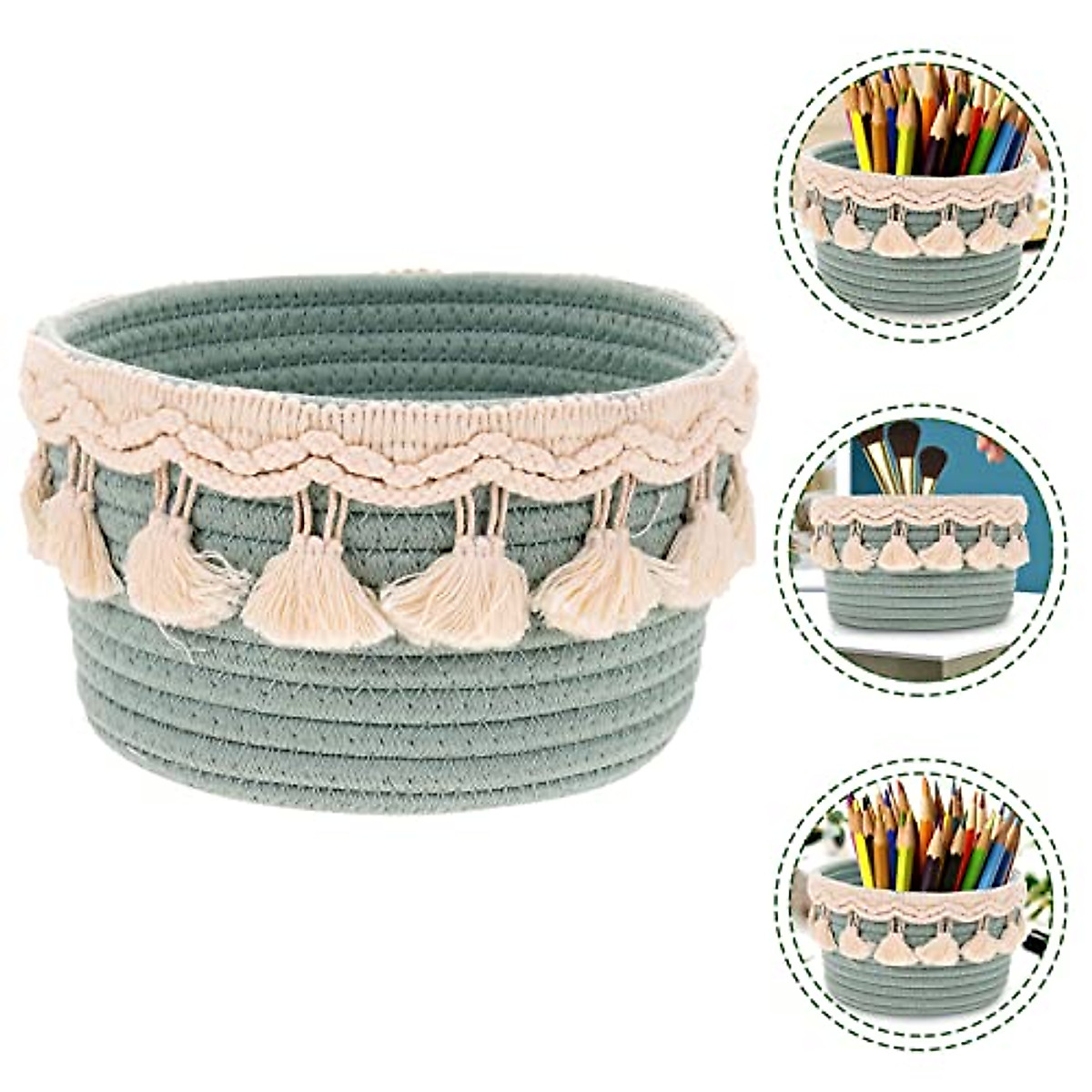 Woven Basket Small Woven Storage Basket Decorative Cotton Rope Basket with Tassel Woven Nursery Hamper Storage Bin for Blankets Towels Toilet Paper Green Bathroom Basket