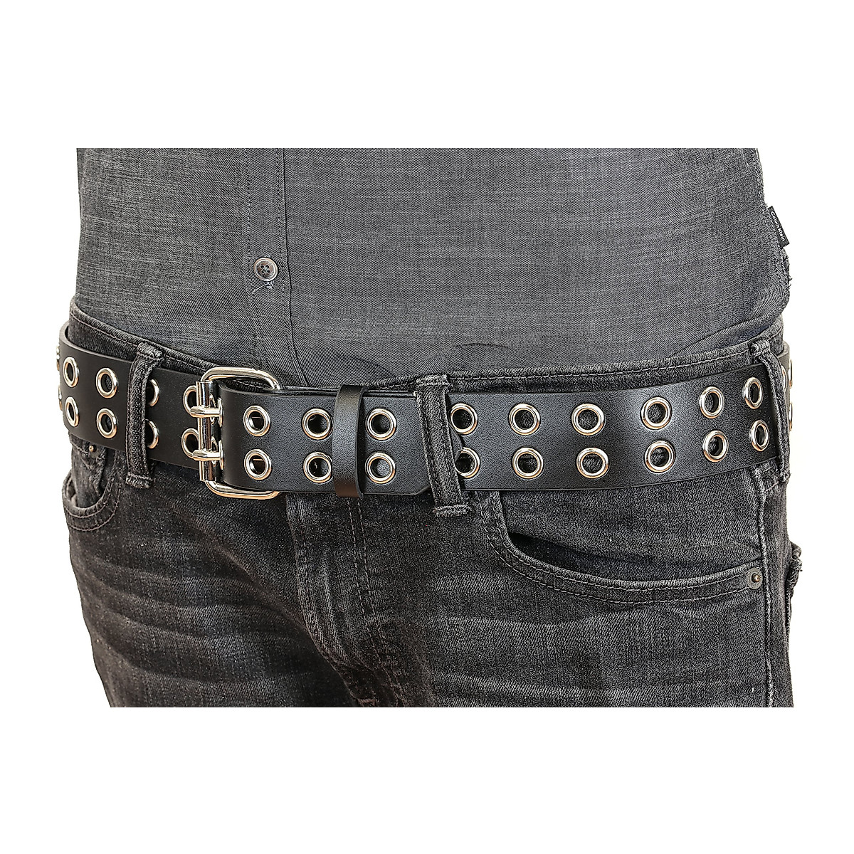 Two Row Eyelet Grommet Uniform Belt Made in USA Genuine Leather Punk Goth Thrash Metal (M-34) Black