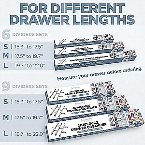 Practical Comfort Drawer Dividers, 18 pcs adjustable drawer dividers set, Made from high strength aluminum, 6 Main expandable drawer divider expand From 19.7" to 22" + 12 Sliding Separators 3.8"