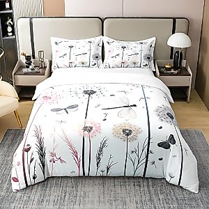 Erosebridal Colorful Dandelion Comforter Cover Queen,Dragonfly Butterfly Bedding Set,Wild Animals Bed Set for Women Teens Girls Bedroom Decor,Farmhouse Rustic Lightweight Duvet Cover with Corner Ties