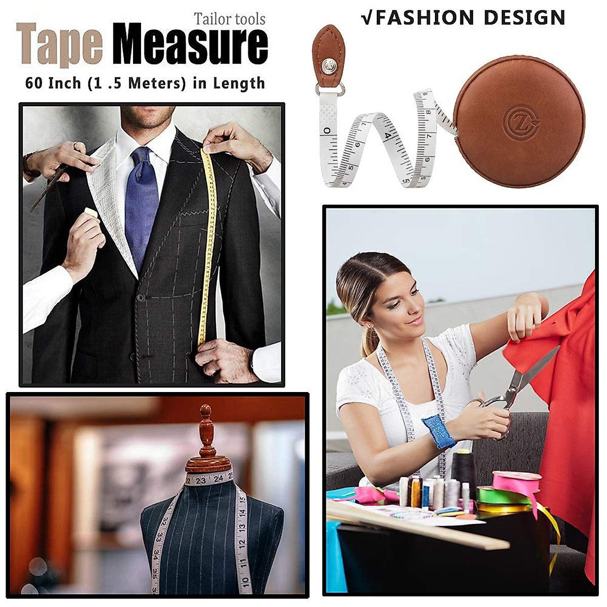 Sewing Tape Measure, Medical Body Cloth Tailor Craft Dieting Measuring Tape, 60 Inch/1.5M Dual Sided Retractable Ruler with Push Button Round(1 Pack, Brown)
