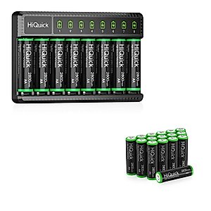 HiQuick 8 Bay Smart Battery Charger with 8 AA Battery + 16 Pack AA Rechargeable Batteries