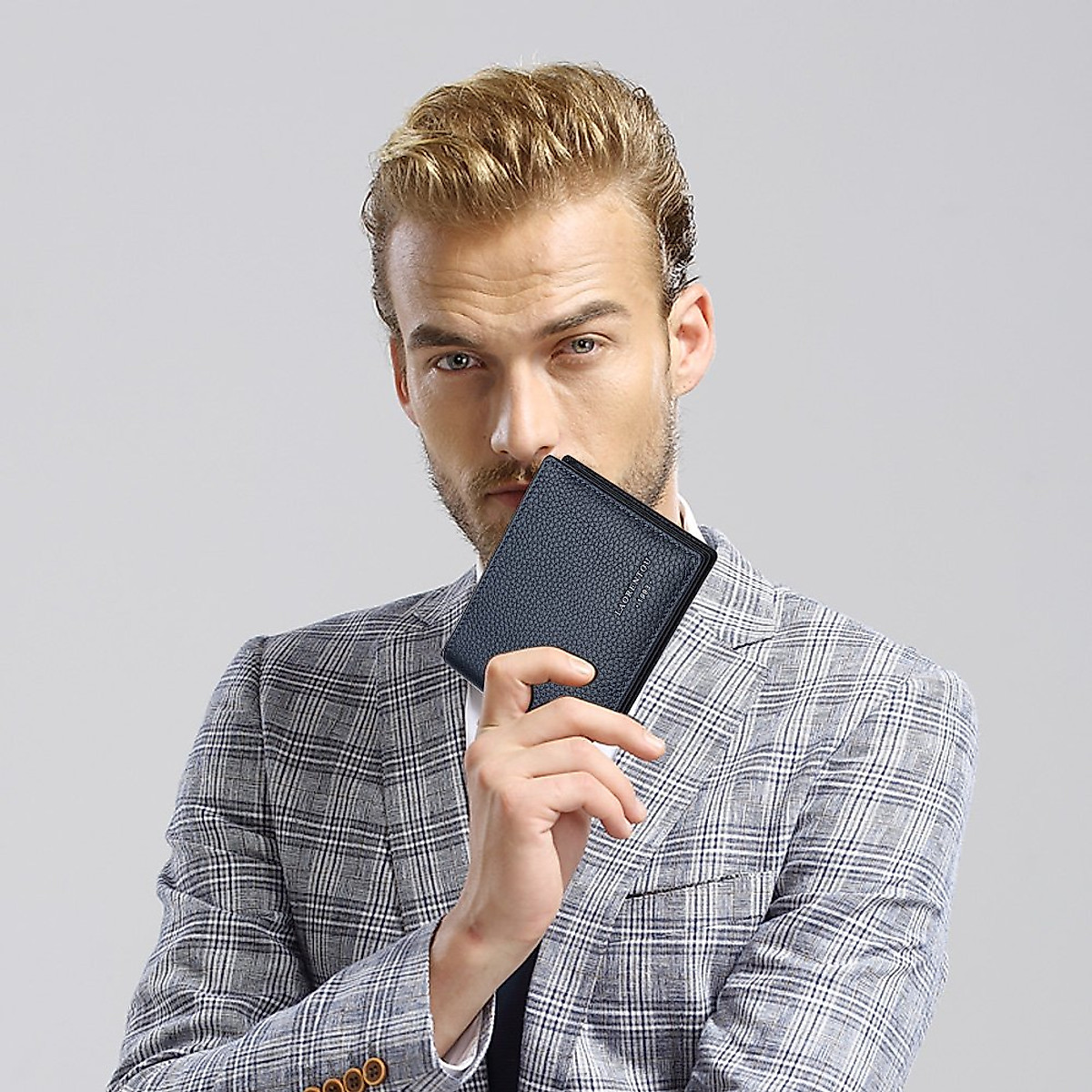 LAORENTOU Leather Wallets for Men, Genuine Leather RFID Blocking Gift Box Packing Men's Slim Wallets with 3 ID Windows Credit Card Holders Casual Men Purses (Blue)