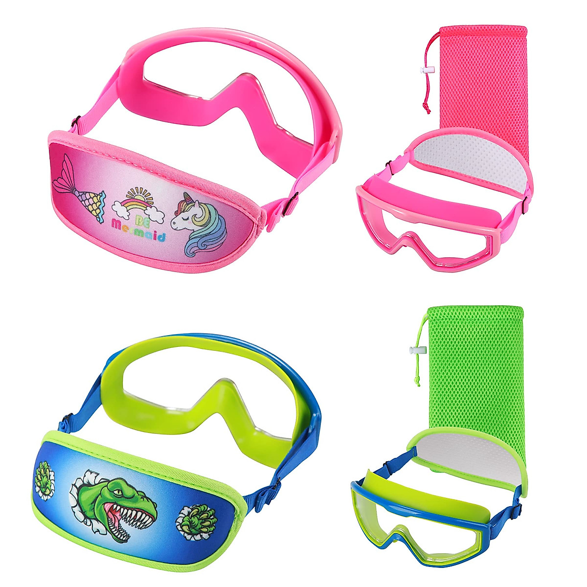 HYDROCOMFY 2PK Kids Goggles Age 4/5/6/7, Toddler Swimming Goggles, Mermaid/Dino Kids Goggles for Swimming 4-7