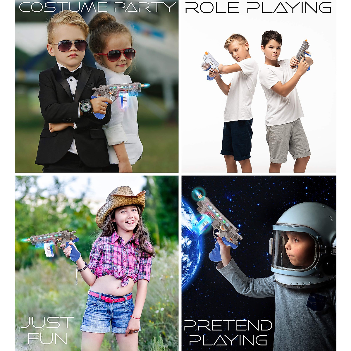 Mozlly Revolver Space Handgun Toy Set of 2 - Flashing LED Laser Guns for Kids with Sounds Effects, Realistic Blaster Gun Toy for Party Favors & Costume Dress Up Accessory Prop Pretend Play - 2 Pack