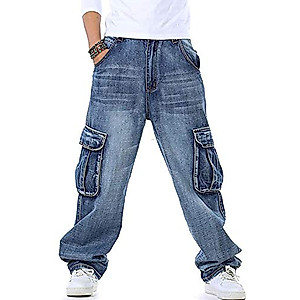 Yeokou Men's Casual Loose Hip Hop Denim Work Pants Jeans with Cargo Pockets(LightBlue-34)