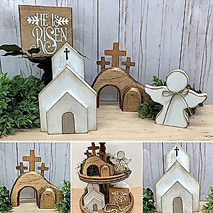 Jesus Tomb Easter Tray Bundle Kit, Wooden Easter Jesus Sign Tiered Tray Decorations, He is Risen Easter Tiered Tray Decor Farmhouse Rustic Tiered Tray Items, Easter Decor for Home Office (Set of 4)