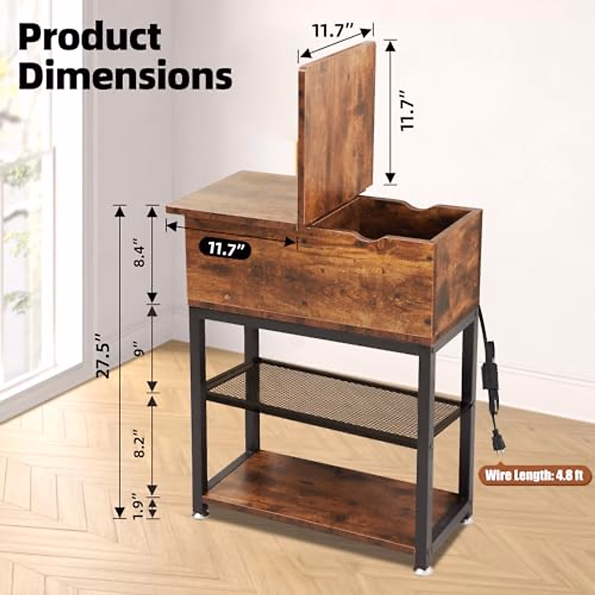Side Table Living Room with Side Opening and Flip Top, 12" D x 24" W x 28" H, Narrow End Table Rustic End Tables with USB Ports and Outlets, Narrow Side Table(2 Pack)