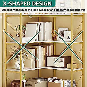 YITAHOME Corner Bookshelf, Gold Corner Shelf 5 Tier Bookcase, Large Display Rack Storage for Bedroom, Living Room, Home Office,White&Gold