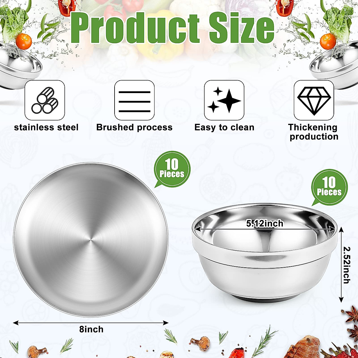 Sunnyray Stainless Steel Plates and Bowls Metal Camping Plates Reusable 13oz Steel Snack Bowls Feeding Serving Dinner Dishes Double Walled Insulated Metal Bowls for Kids (10 Set,8 Inch)