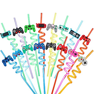 32 Pieces Game Controller Drinking Straws Reusable Rainbow Kids Party Straws for Kids Gamer Birthday Party Supplies, Game On Party Supplies