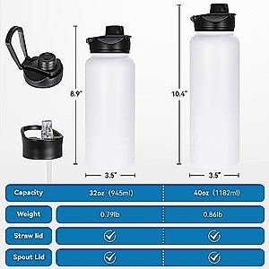 VEGOND 32 oz Insulated Water Bottle Stainless Steel Metal Water Bottles with Leak Proof Straw Lid & Spout Lid, Wide Mouth Double Walled Vacuum Travel Sports Bottle, White