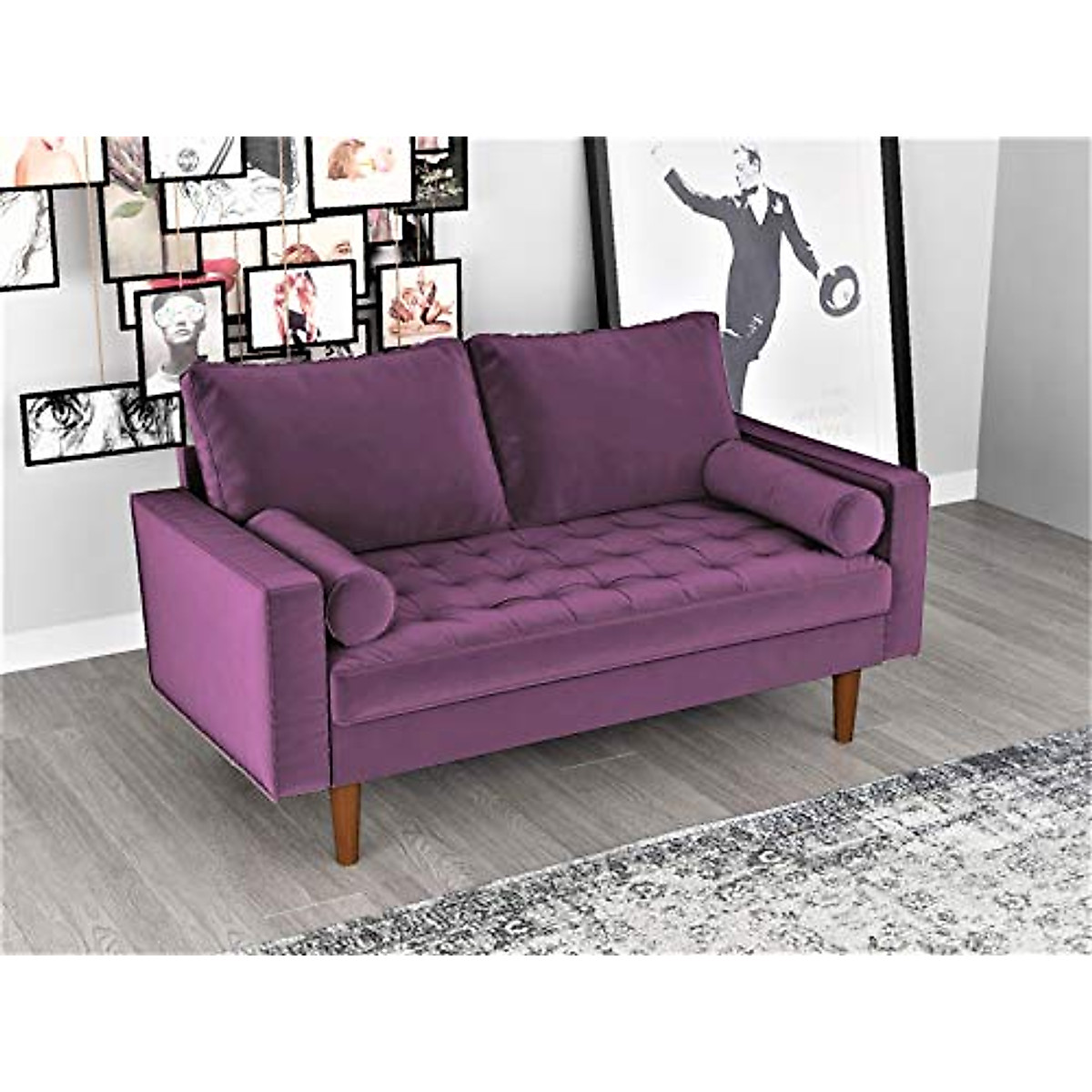 Container Furniture Direct Womble Modern Velvet Upholstered Living Room Diamond Tufted Chesterfield Loveseat with Gleaming Nailheads, Purple