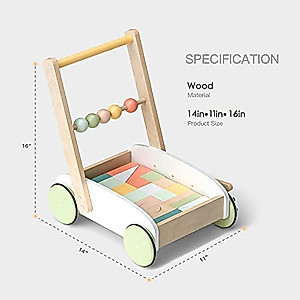 ROBUD Wooden Baby Push Walker, Baby Learning Walking Toys, 1st Birthday 1 2 3 Year Old Boys Girls Gifts, with Wooden Building Block