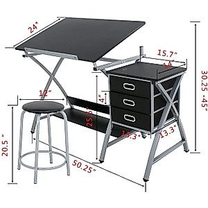 JupiterForce Drafting Table with Tiltable Tabletop and Stool, 3 Storage Drawers, Art Desks for Adults, Painters, Work Station, Home Office, Black