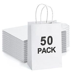 BagDream Small Paper Gift Bags 50Pcs 5.25x3.75x8 Inches Kraft Paper Bags Party Favor Bags Shopping Bags Kraft Bags White Paper Gift Bags with Handles Bulk