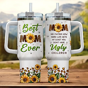 99OWL Cups Straws Coffee Black Water Green Simple Cup Be Tumblers Print Handle Day, Best Mom Ever Gifts, Tumbler 40 Oz With Handle Lid And Straw, Mom Carving Leopard Sunflower