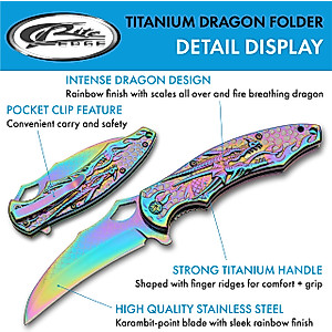 SZCO 8.5” Titanium Finished Rainbow Dragon EDC Folding Knife With Pocket Clip (300580-RB)
