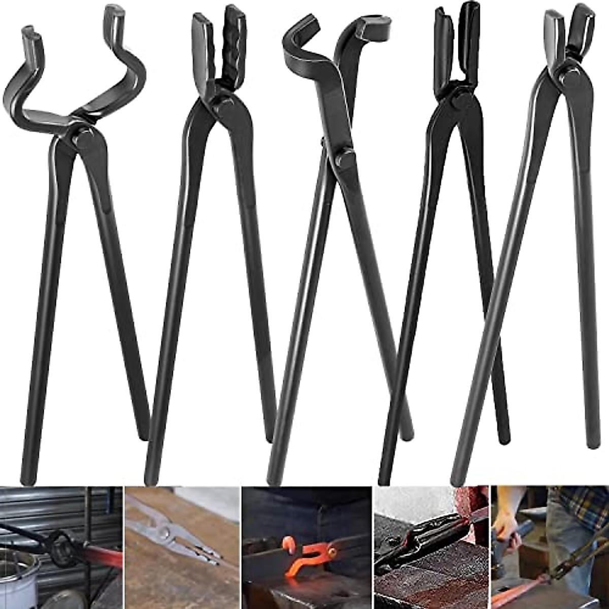 Blacksmith Tongs Tools Set For Knife Making Tongs, Blacksmithing Forge Tongs Kit 5PCS Includes Flat Tongs & Square Jaw Tongs & Bolt Tongs & Blade Tongs & Wolf Jaw tongs Black Smith Supplies