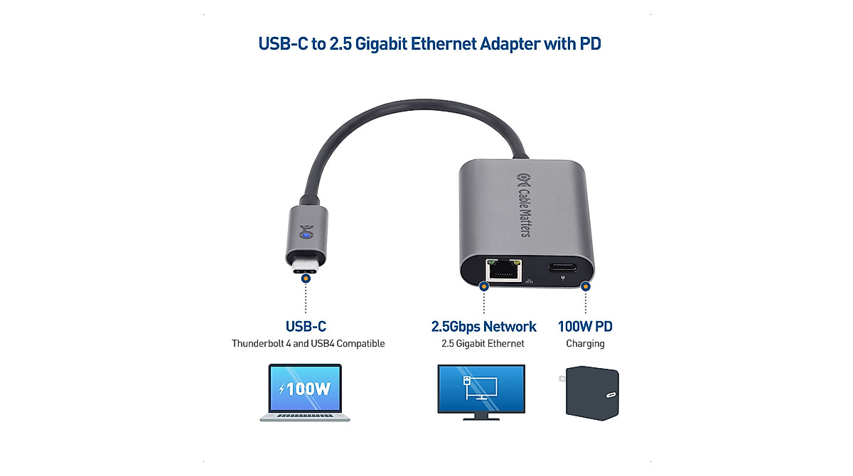 Cable Matters USB C to 2.5Gb Ethernet Adapter with Charging 100W