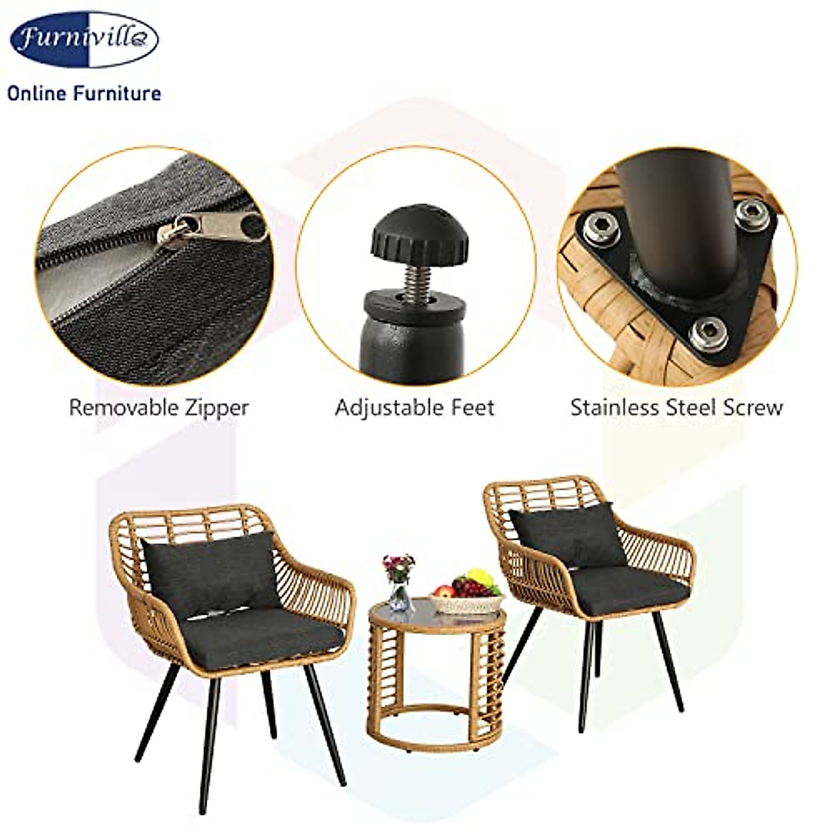 Furnivilla Patio Porch Furniture Sets 3 Pieces PE Rattan Wicker Chairs with Tempered Glass Table for Backyard Garden Porch (Beige/Black)
