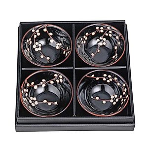 Hinomaru Collection Japanese Traditional Porcelain 4.5" D Rice Bowl Set of 4 Cherry Blossom Sakura Assorted Colors Decorative Tableware Multi Purpose (Tenmoku Black)