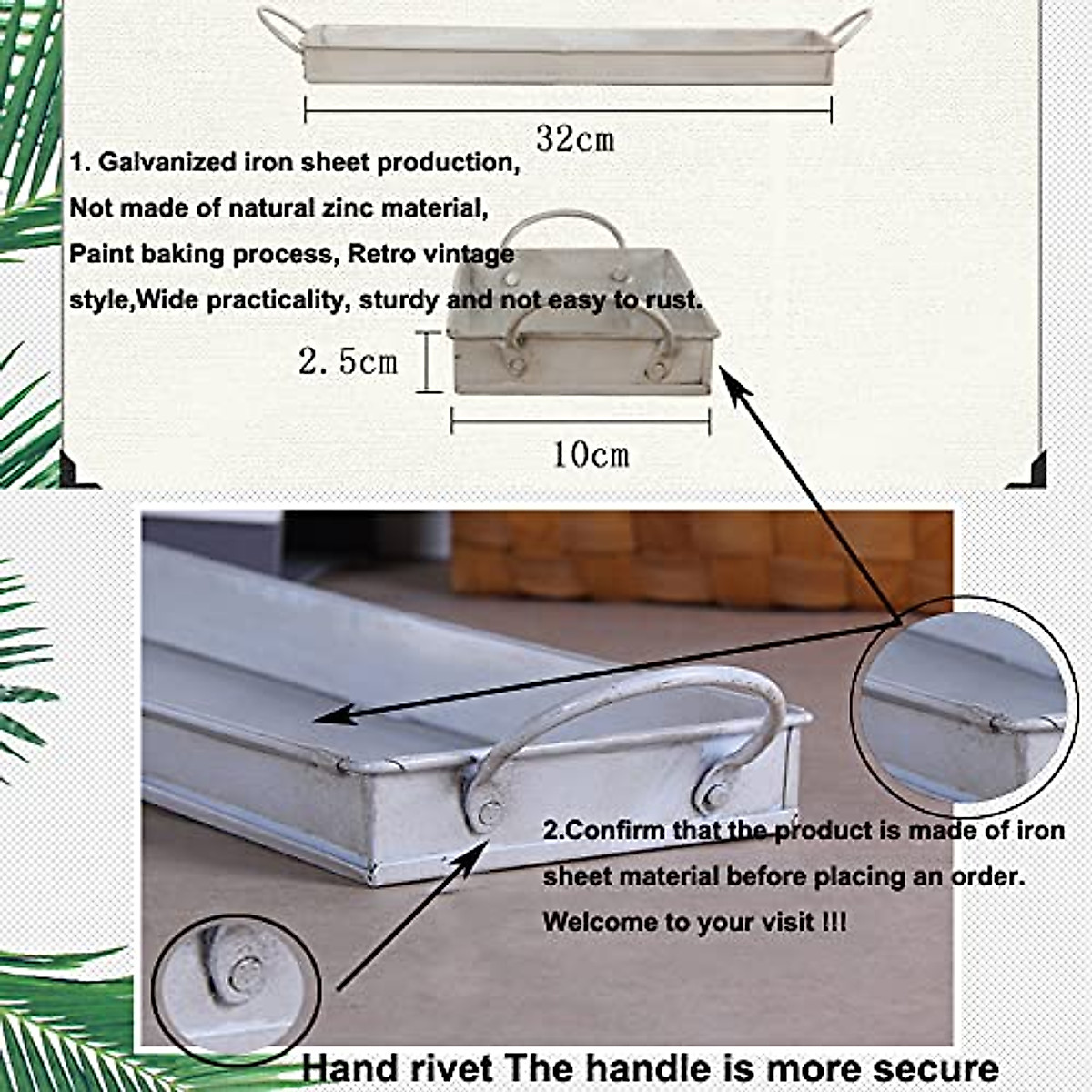 Etetevn Torched Serving Tray with Decorative Antique Metal Handles - Coffee Table,Dining Table Centerpiece Candle Holder Tray,Farmhouse Decor Rectangular Butler Tray, 32.3x10.4x2.3