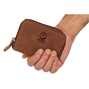 RUSTIC TOWN Leather Key Case Holder - Zippered Key Organizer Wallet with 8 Hooks for Keys, Cash, and Card - Gift for Men and Women (Brown)