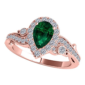 MauliJewels Rings for Women 1.35 Carat Pear Shape Emerald And Round White Diamond Ring Prong-Setting 10K Rose Gold