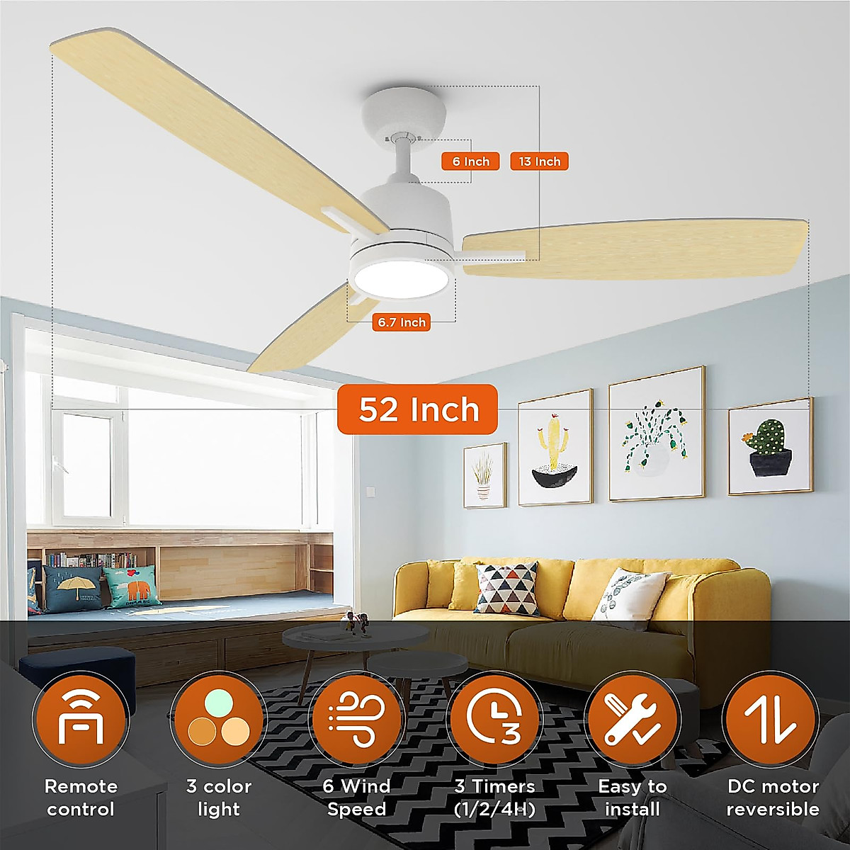 TALOYA 2 Pack 52 inch Ceiling Fans with Lights,Quiet Ceiling Fan with Reversible DC Motor and Remote for Home, White/Oak Finish