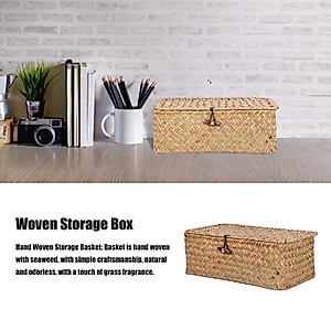 Jiawu Seagrass Baskets, Handwoven Seagrass Storage Bins with Lid, Multipurpose Rectangular Shelf Baskets, Household Boxes with Buckle, Small Rustic Container for Shelves Organizing (L)