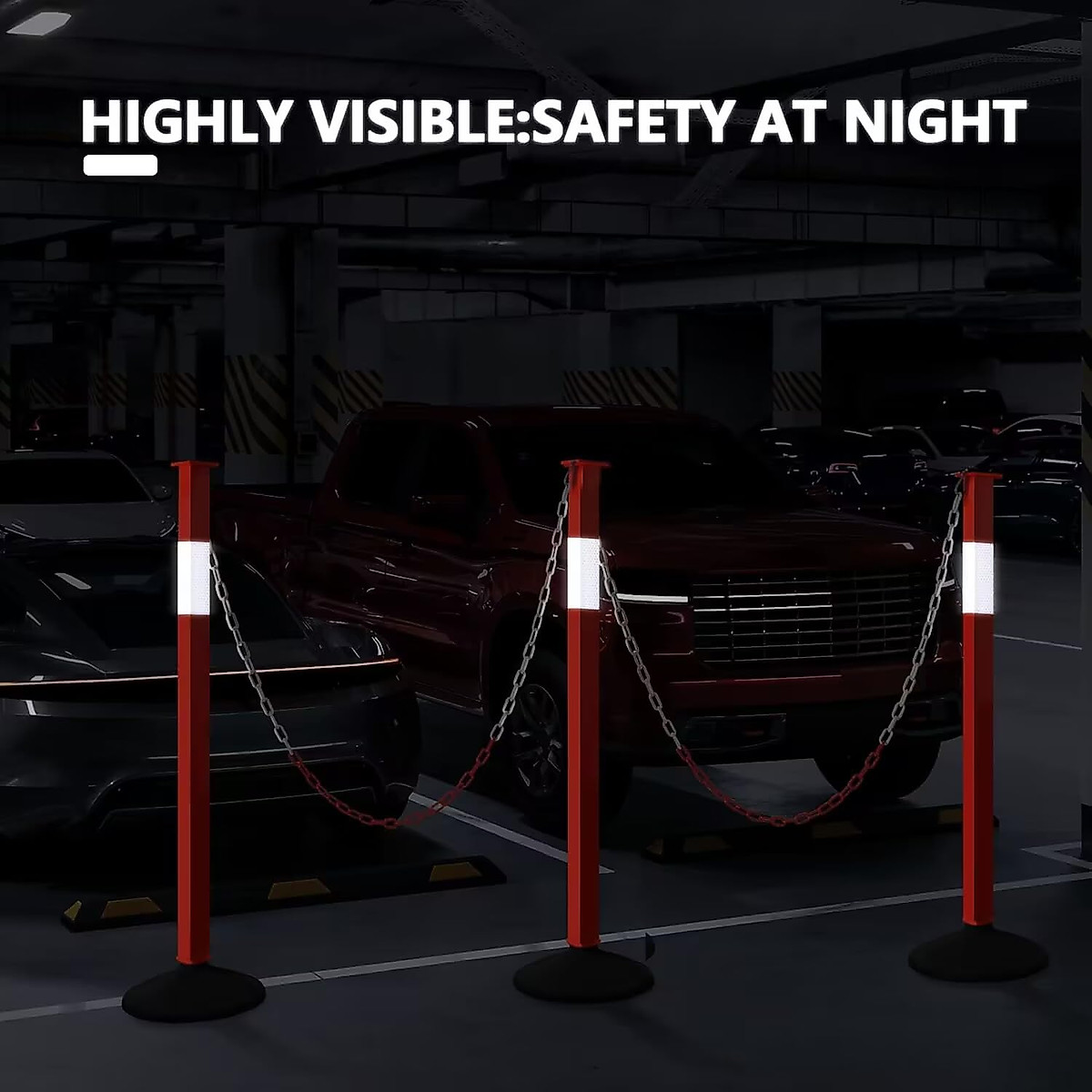 4 Pack Traffic Delineator Post Cones with Weighted Base & Reflective Collars, Adjustable Orange Traffic Safety Barrier with Plastic Chains for Parking Lot Driveway Road