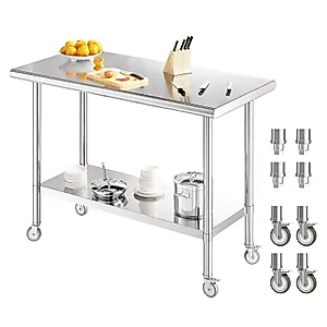 Food Prep Stainless Steel Table, Commercial Workbench with Caster Wheel, Heavy Duty Food Prep Worktable for Restaurant, Home and Hotel, Sliver (24" x 48" x 35")