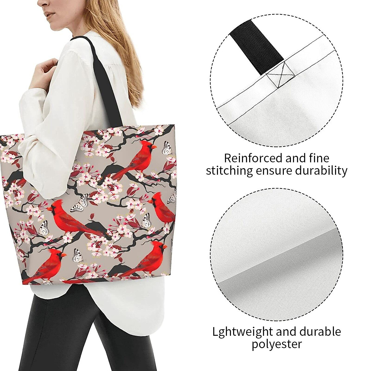 Famame Cardinal Birds Cherry Flowers Canvas Tote Bag Large Women Casual Shoulder Bag Handbag Reusable Multipurpose Shopping Grocery Bag For Outdoors